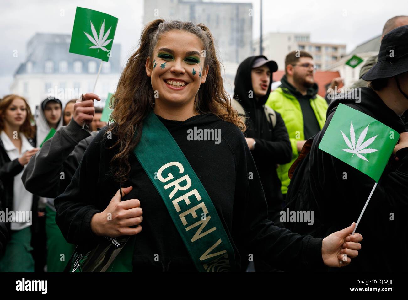 Warsaw, Poland. 28th May, 2022. A young woman with the cannabis flag ...