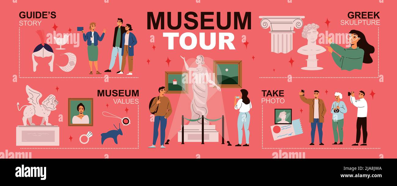 Museum tour infographics layout with visitors looking exhibits ancient ...