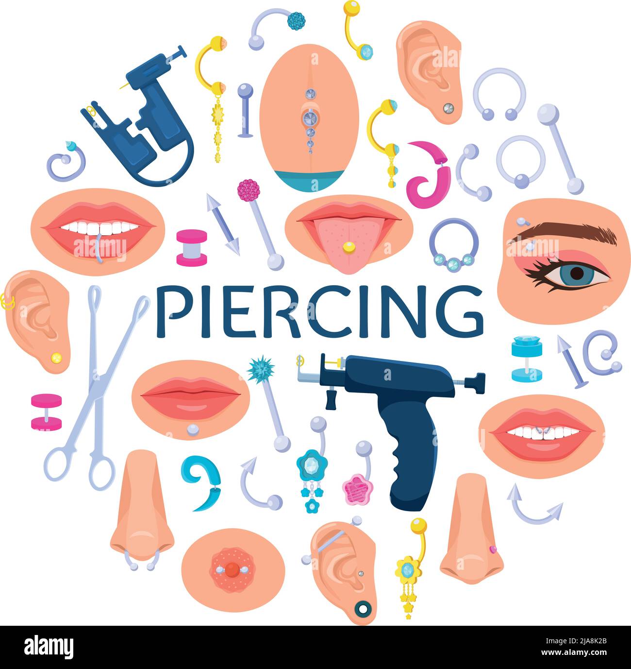 Piercing flat composition with isolated icons of pierced body parts ...