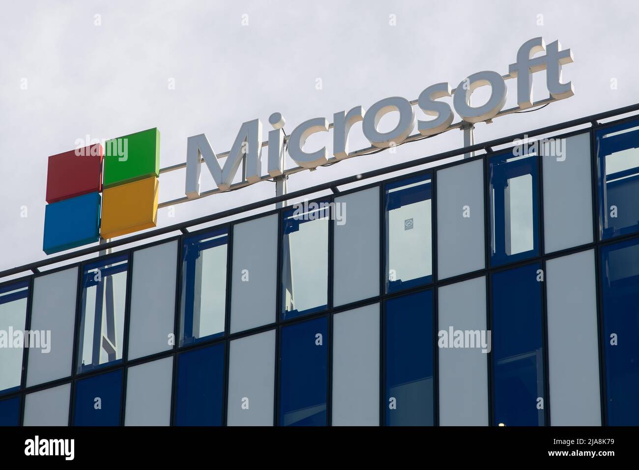 Bucharest, Romania - May 20, 2022: The Microsoft logo is seen above its ...
