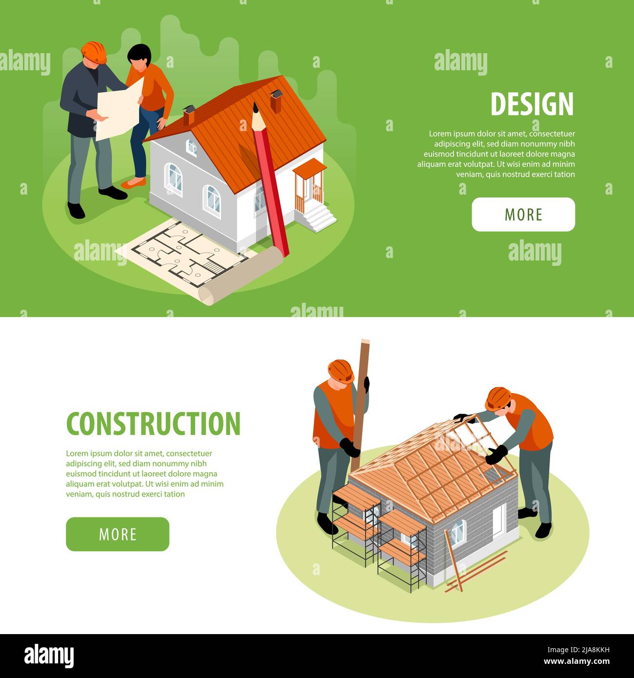 House construction horizontal banners set with design symbols isometric ...