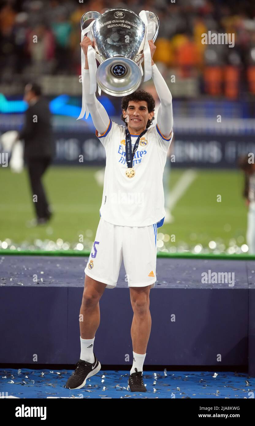 Real Madrid's Jesus Vallejo with the UEFA Champions League Trophy ...
