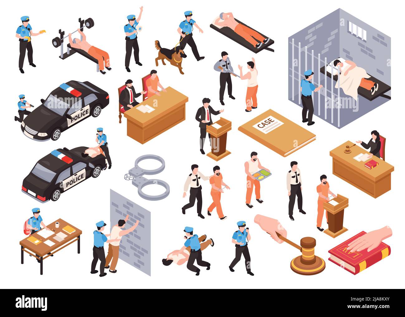 Law and order isometric set of police officers on duties judge and jury trial in court isolated ...