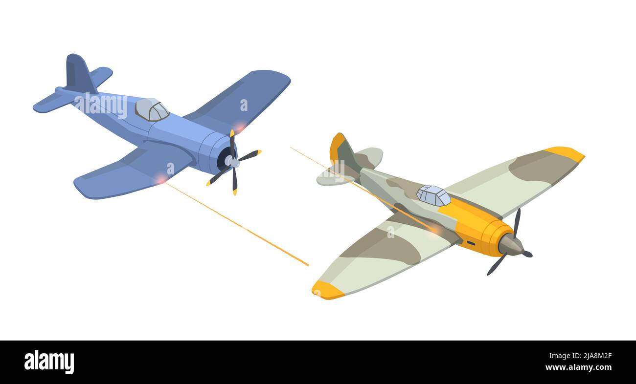 WWII military vehicles isometric set with aircraft fight vector ...
