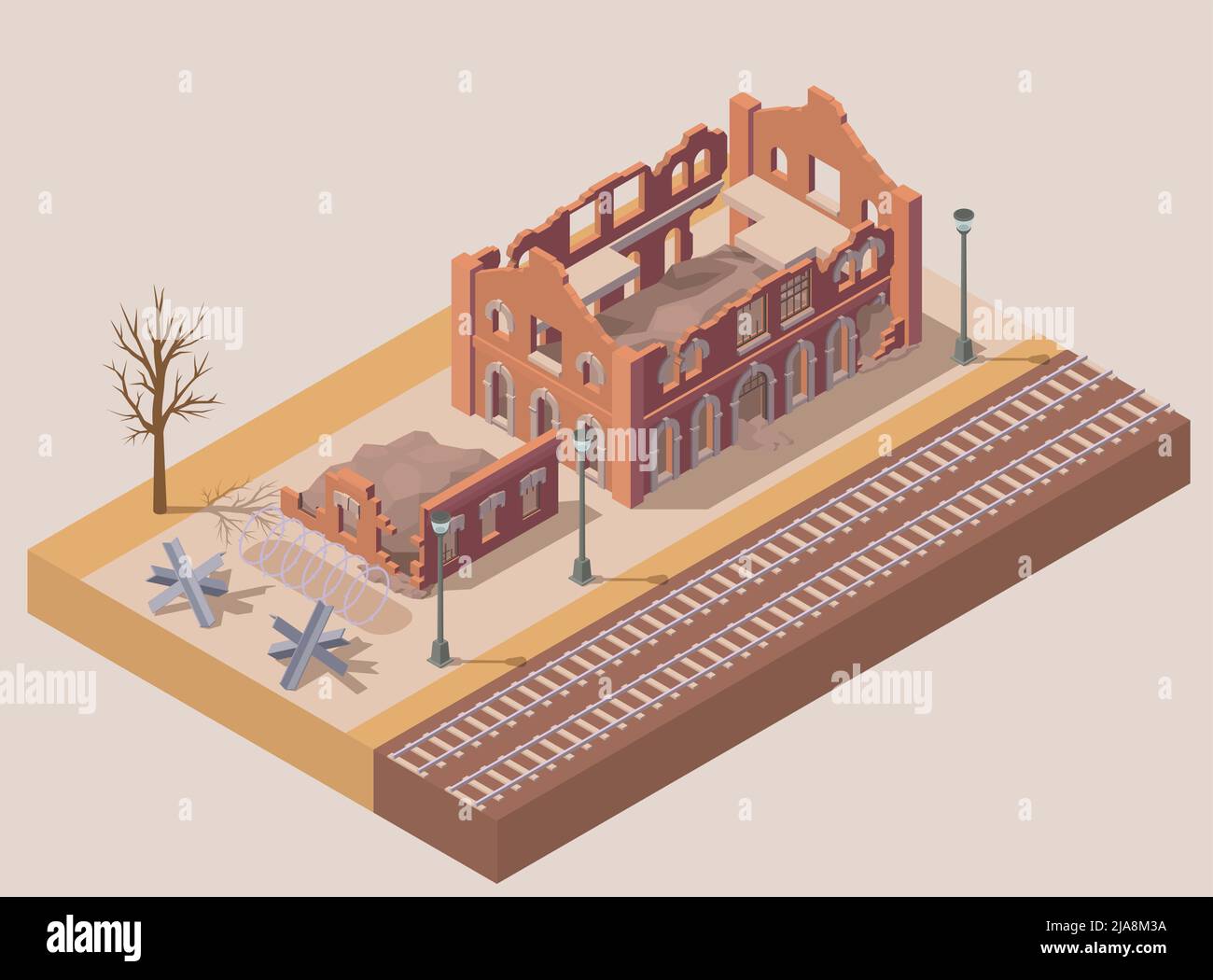 Ruined destroyed city building with railway isometric vector ...