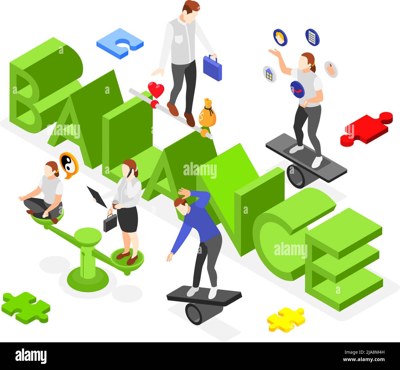 Isometric concept composition with people balancing between life and ...