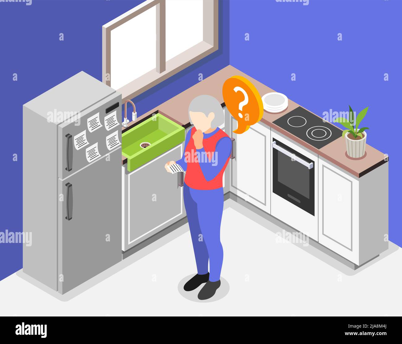 Dementia symptoms background with elderly woman suffering from ...