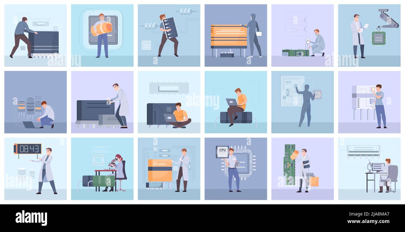 Micro chips square set with hardware symbols flat isolated vector ...