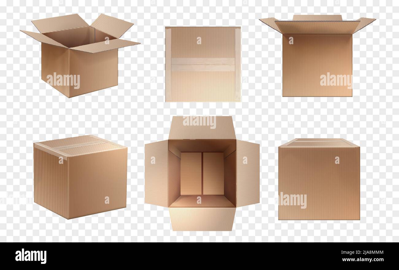 Six view of empty cardboard realistic set on transparent background ...