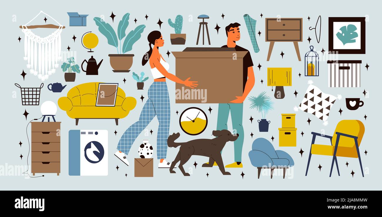 Family moving big set of home interior elements and couple holding box with household items flat ...