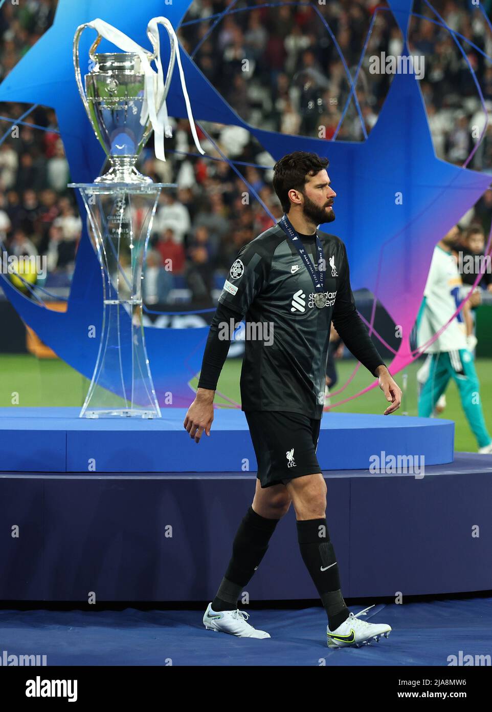 Paris, France, 28th May 2022. Alisson Becker of Liverpool looks ...