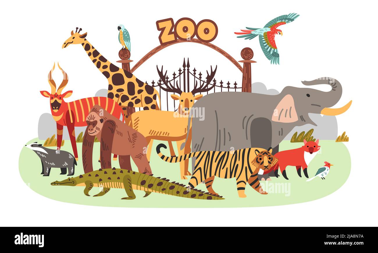 Zoo colored composition various large animals standing in front of the ...