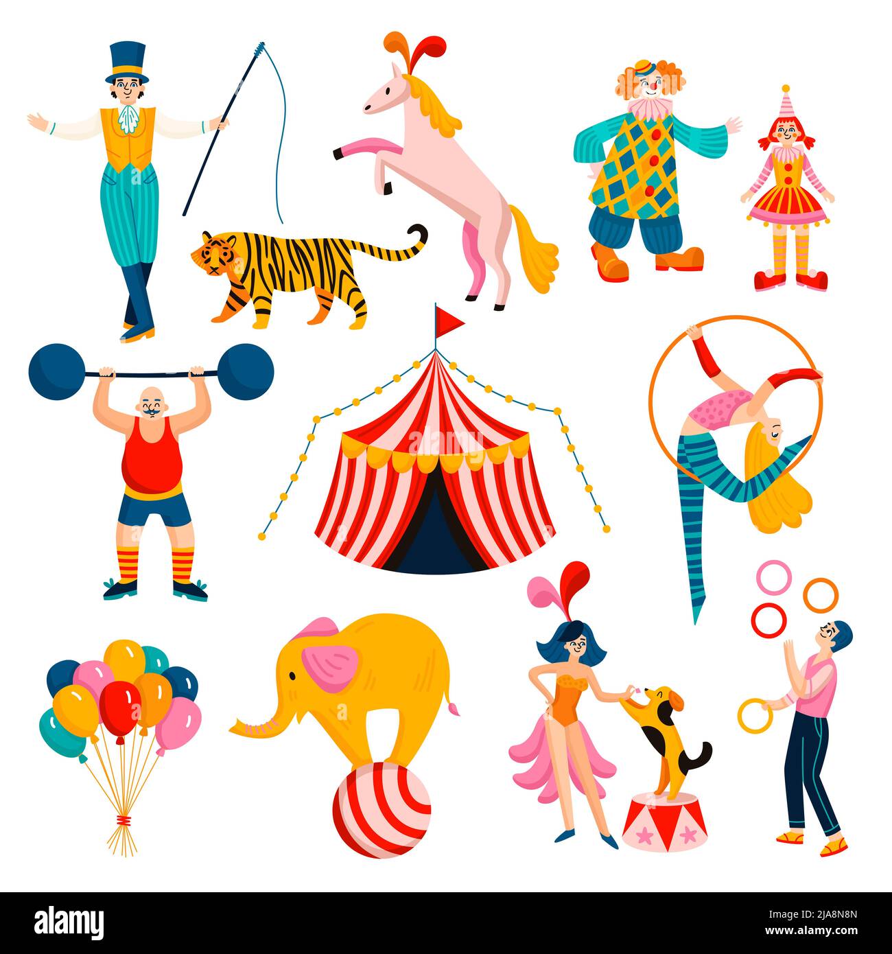 Circus icon set with circus artists magicians balloons circus tent ...