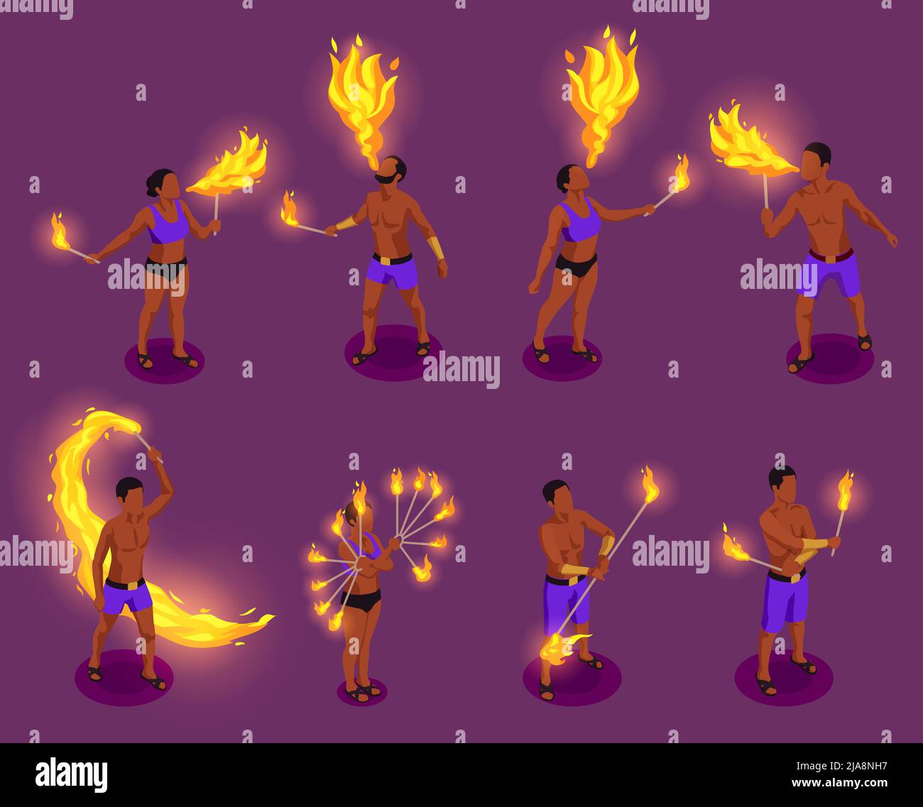 Male and female fire show performers isometric set isolated vector ...