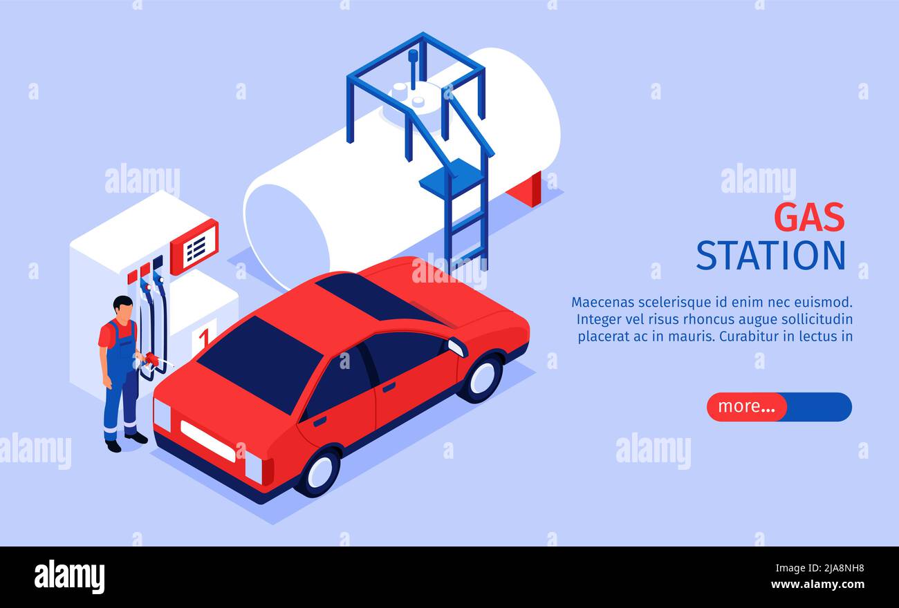 Isometric gas station horizontal banner with oil tank and car with ...