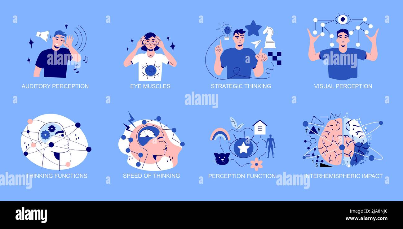 Brain set of eight isolated compositions with text captions and people ...