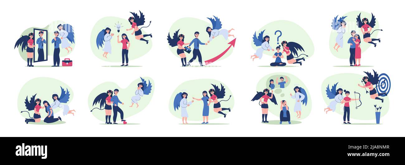 Angels devil set with flat isolated compositions of human characters ...
