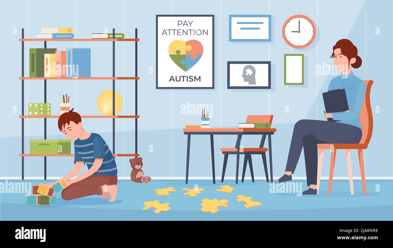 Autism composition with childrens room flat interior and characters of ...