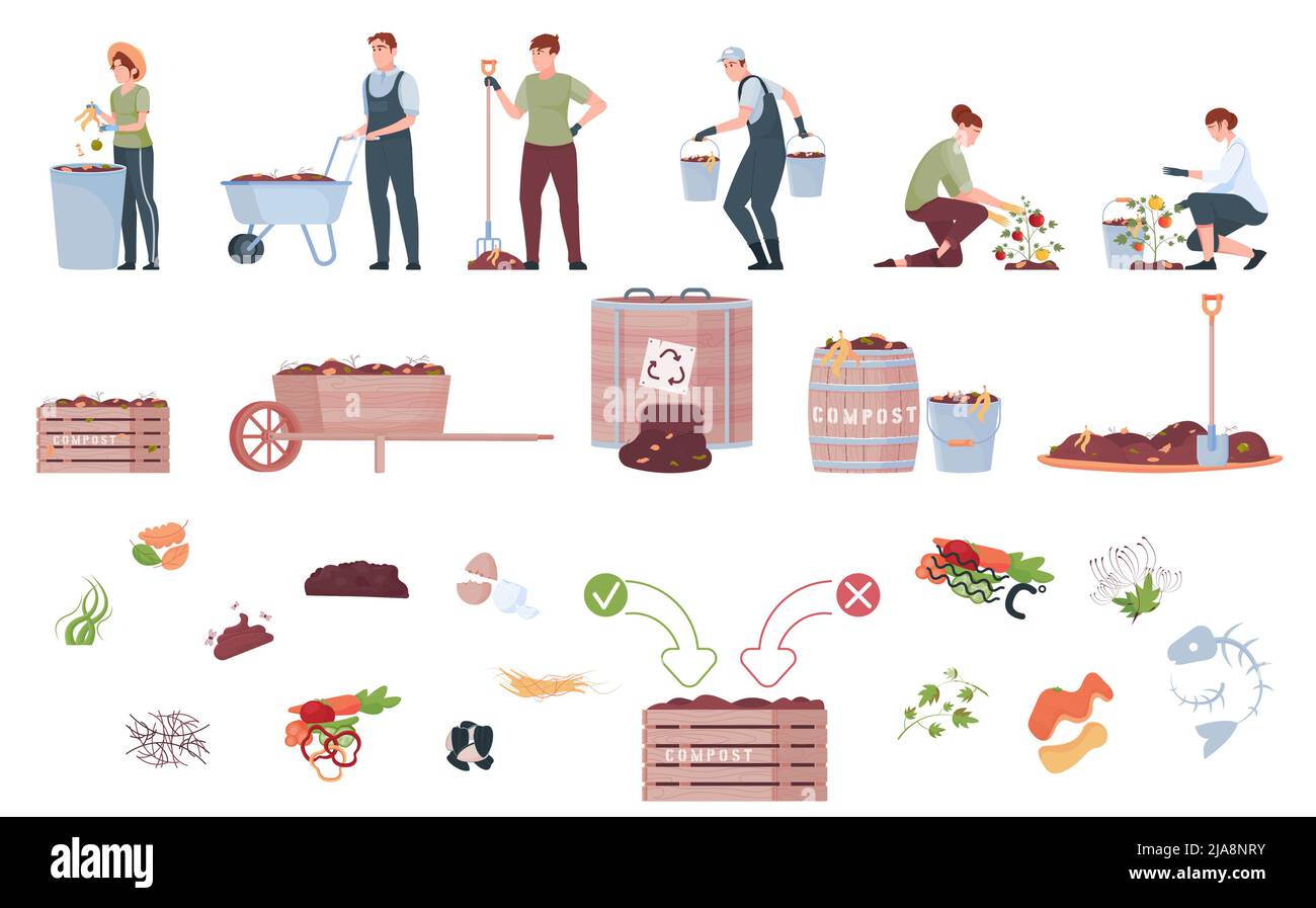 Compost set with flat isolated icons of food nutritions barrels pallet ...