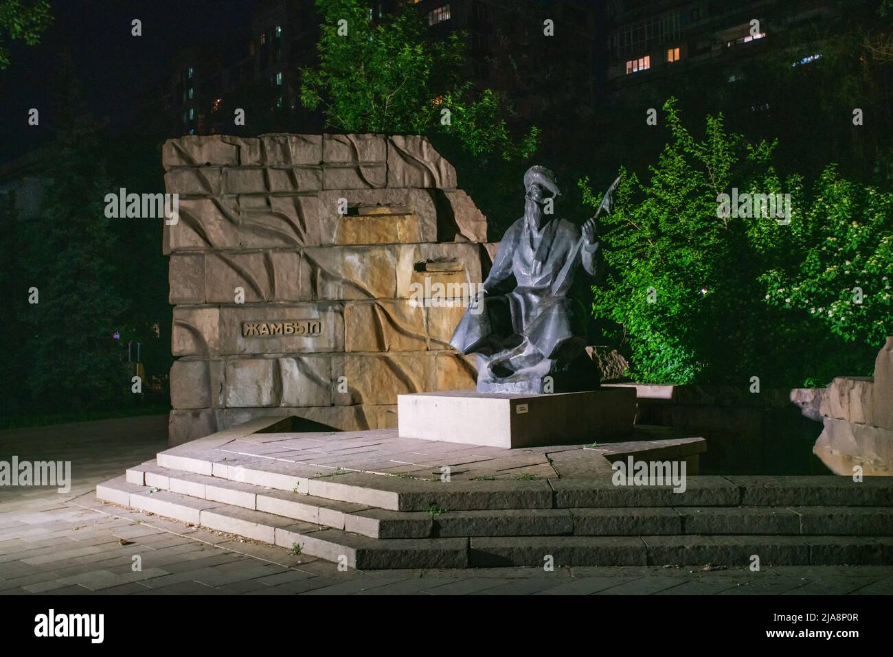 05-06-2022 Almaty, Kazakhastan. Night view to Monument to Dzhambul ...