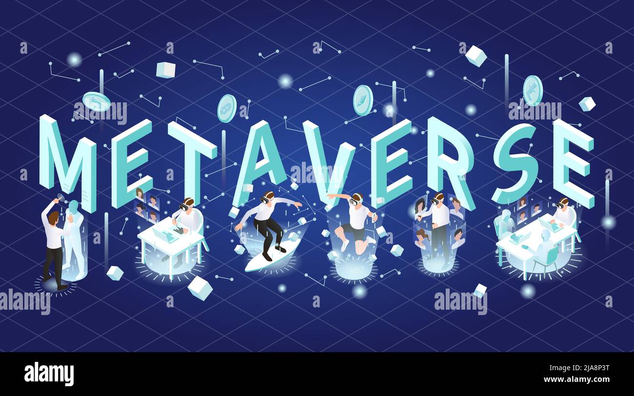 Vr metaverse isometric colored composition big headline or logo with ...