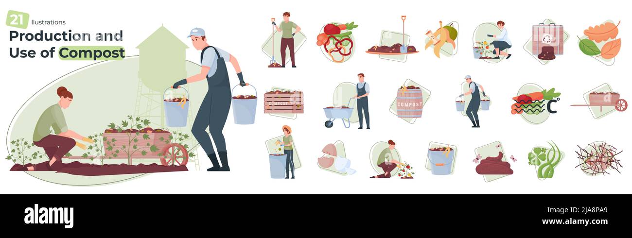 Compost set of isolated compositions with flat icons of composting ...