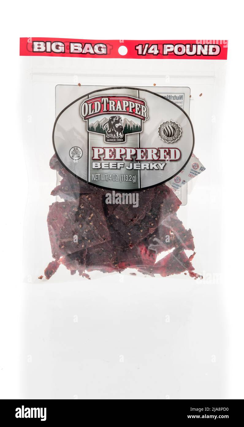 Winneconne, WI -23 April 2022: A package of Old Trapper peppered beef ...