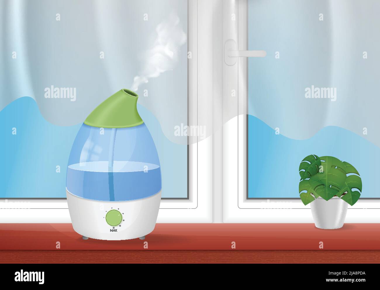 Humidifier realistic composition with indoor view of window ledge with ...