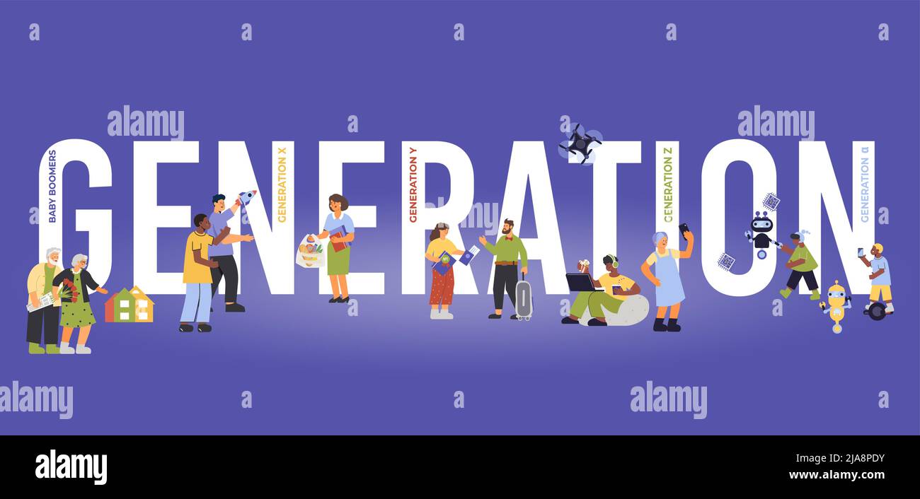 Generation composition with flat text and characters of different ...