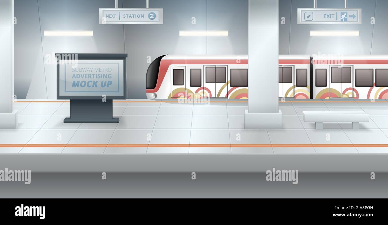 Advertising mockup on empty subway station platform with train in ...