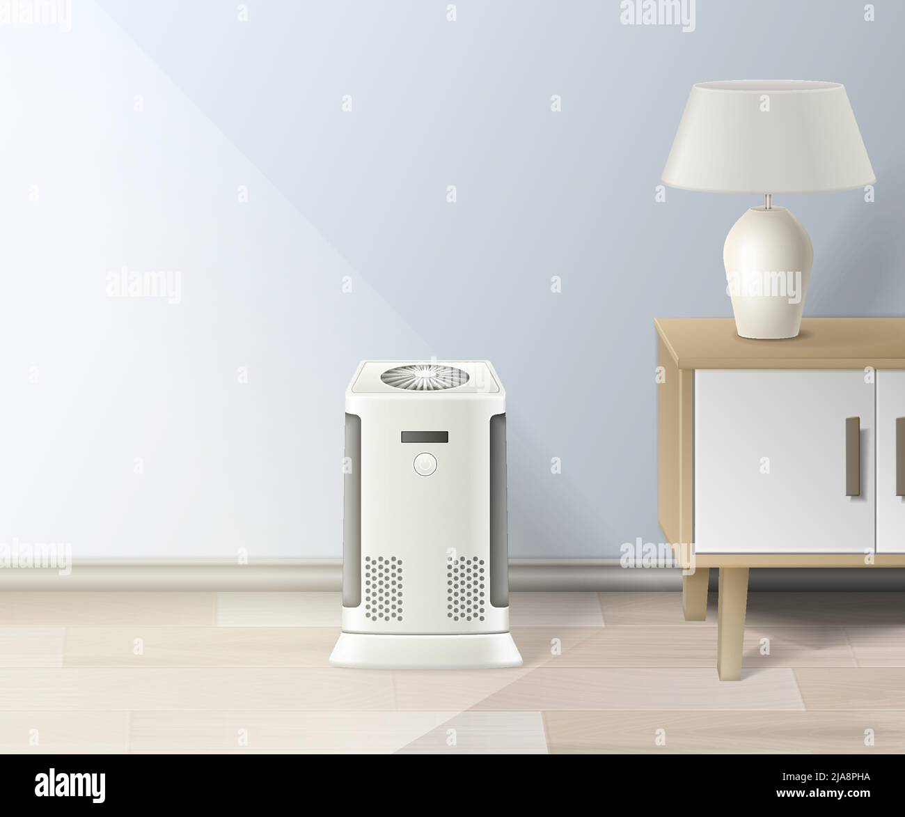 Realistic digital air purifier on floor in cozy room vector ...