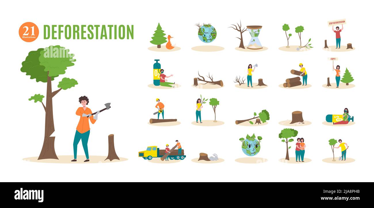 Deforestation composition set with environmental protection symbols ...