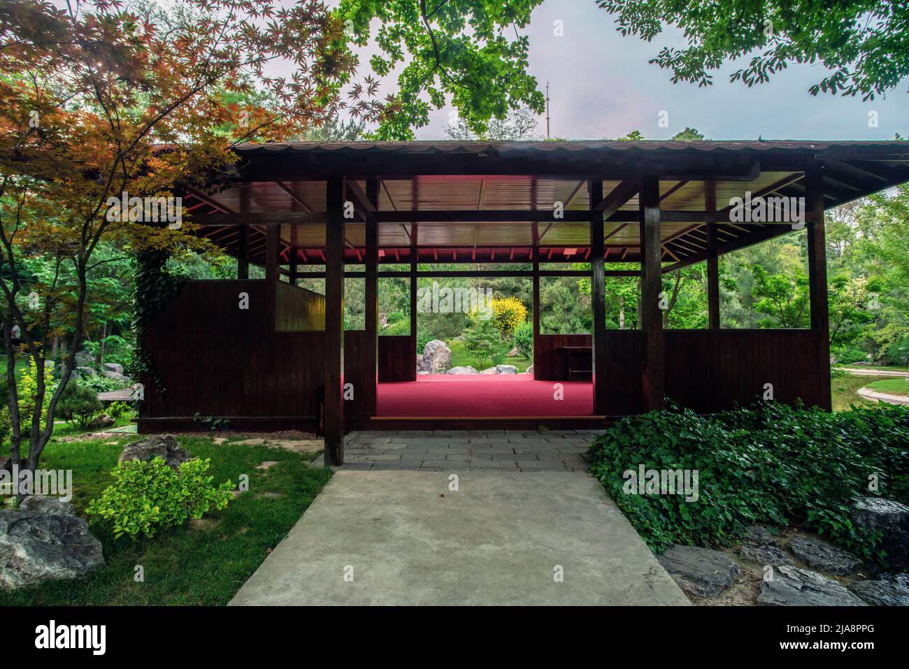 Wooden Pavilion in japanese garden in Tashkent (Uzbekistan) with red ...