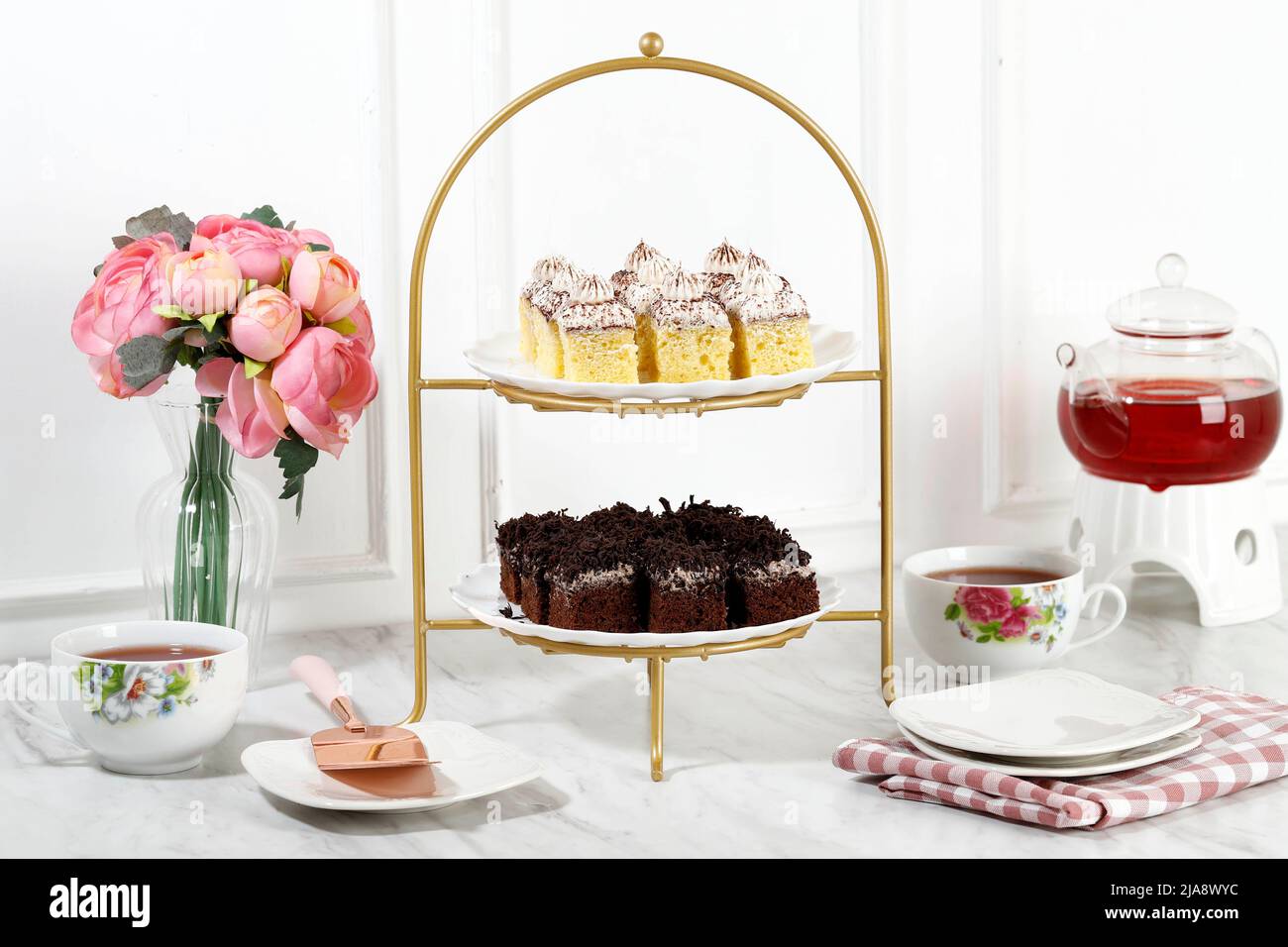 High Tea Set with Tiramisu Mini Cake and Chocolate Sponge Cake, Bakery ...