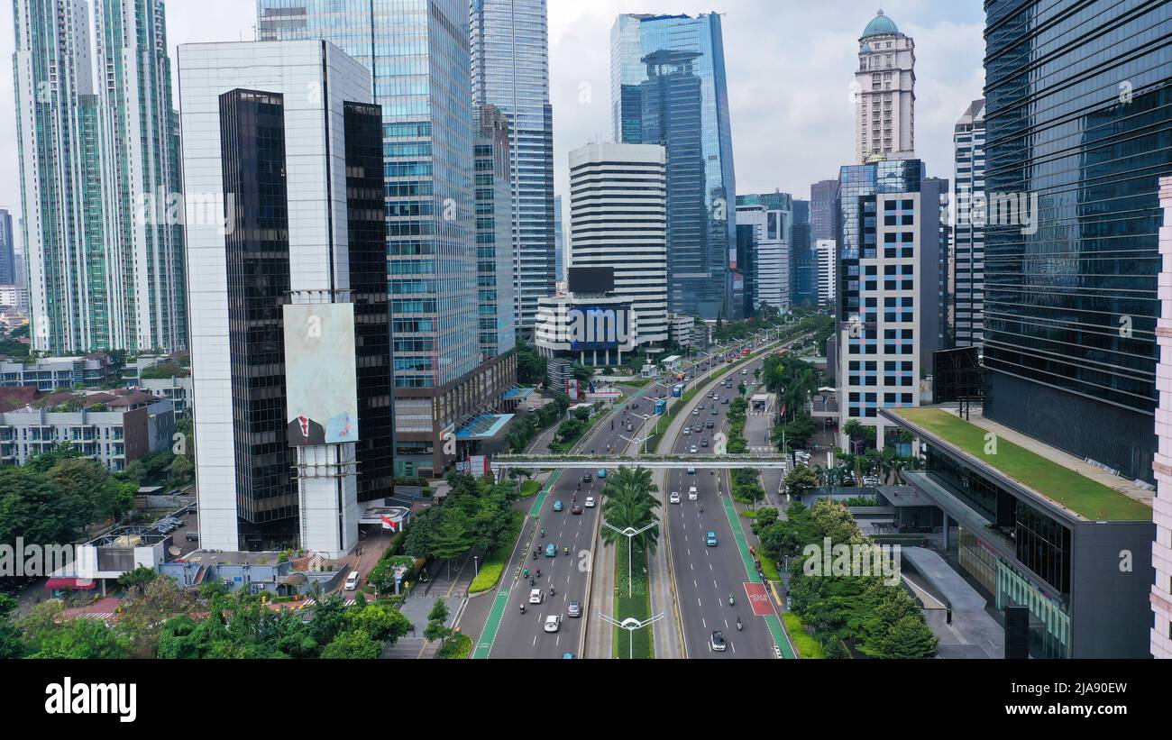 Drone view of quiet traffic on Sudirman road with skyscrapers in Jakarta city Stock Photo - Alamy