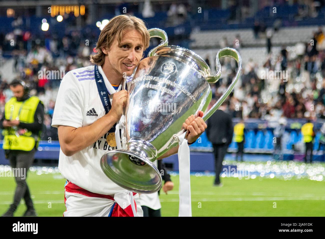 Luka Modric of Real with a trophy during the UEFA Champions League ...