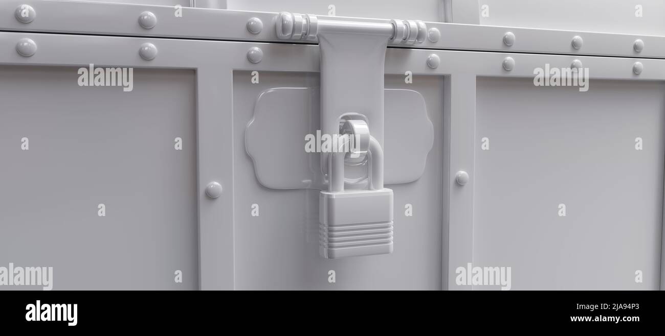 Old white pirate trunk closed and locked. Treasure chest padlock close ...
