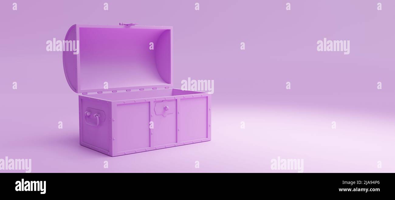 Treasure chest. Old pirate trunk empty with open lid on pink pastel ...