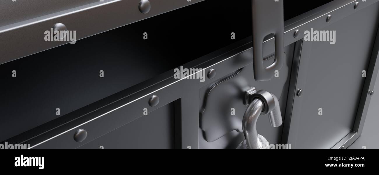 Old gray color pirate trunk opened and unlocked. Treasure chest open ...