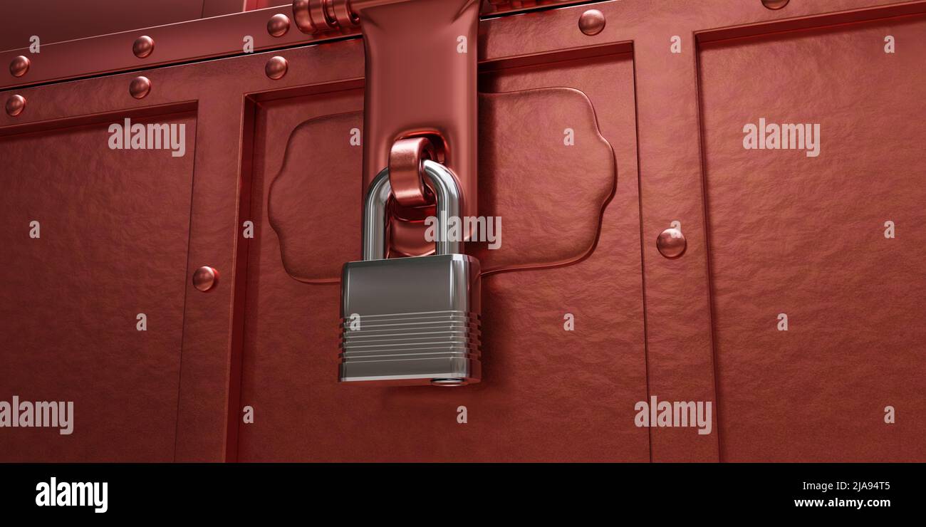 Old red pirate trunk closed and locked. Treasure chest padlock close up ...