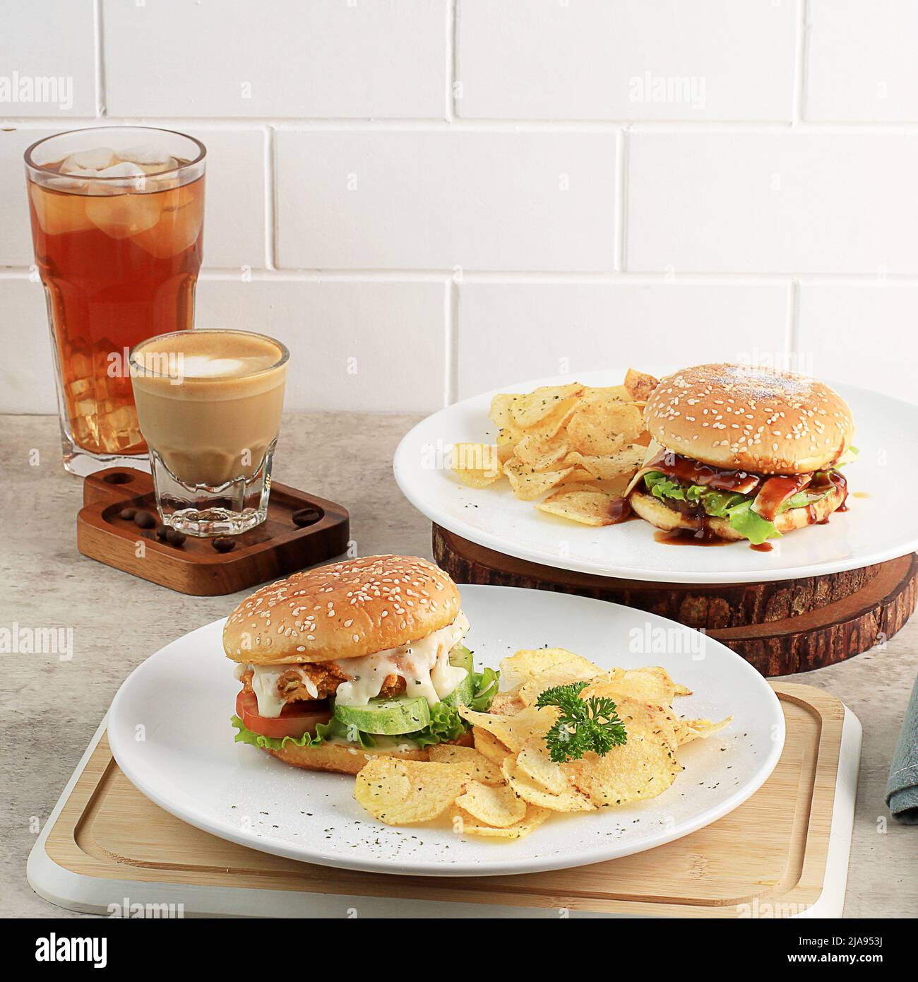 Mini Burger with Potato Chips, Coffee Latte, and Ice Tea. Cafe Menu ...