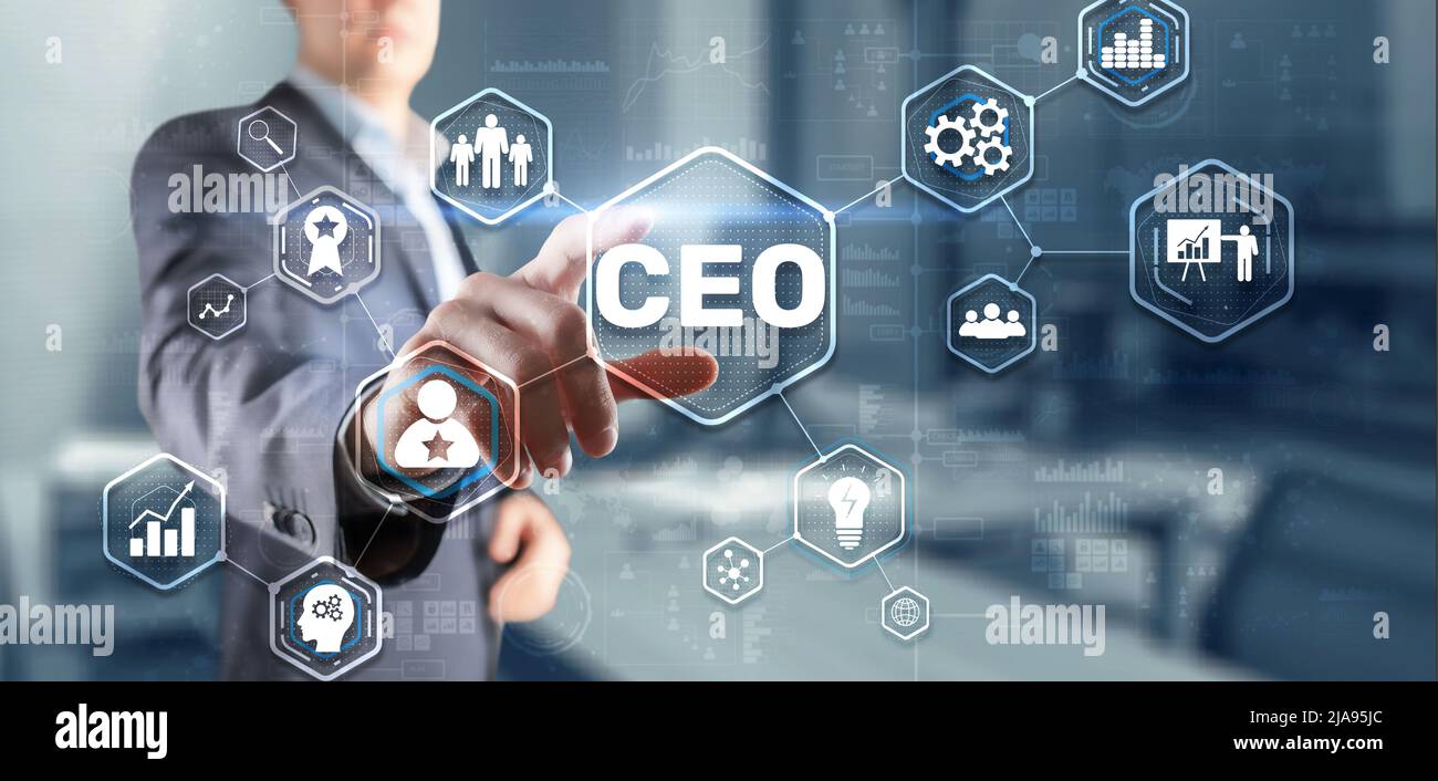 CEO concept. Businessman pressing virtual screen inscription boss Stock ...