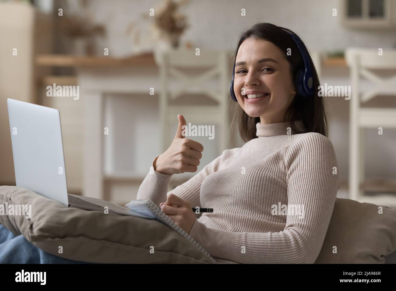 Happy successful student girl satisfied with online education Stock ...