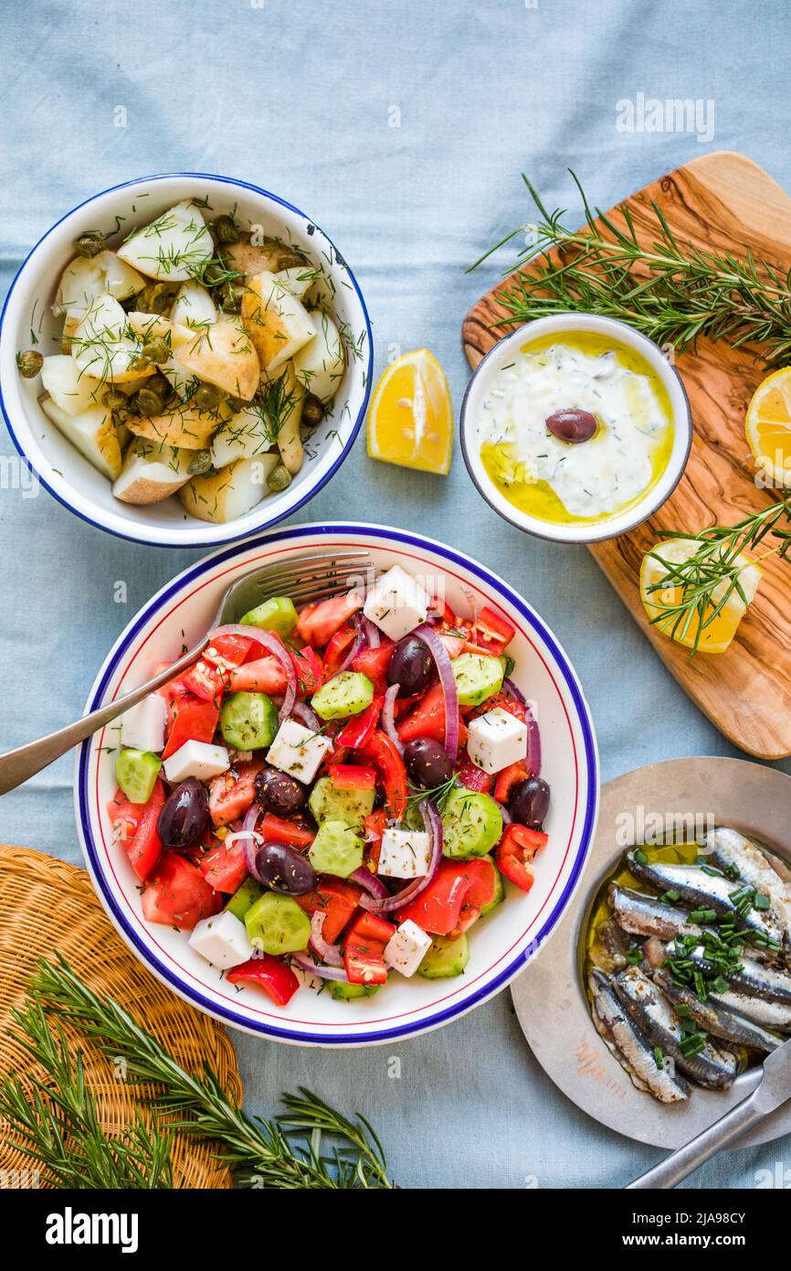 Greek food table scene, top view . Variety of items including greece ...