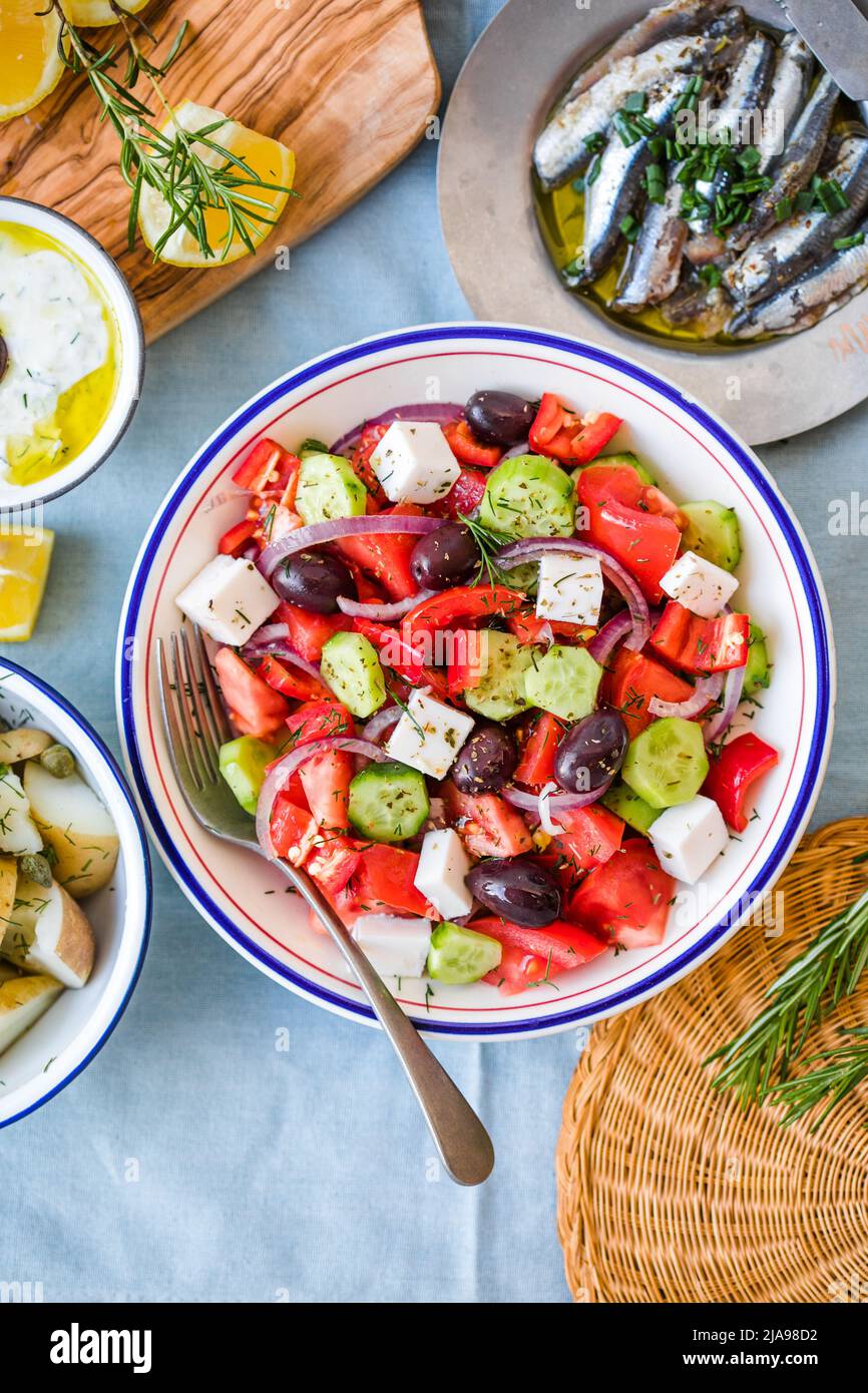 Greek food table scene, top view . Variety of items including greece ...