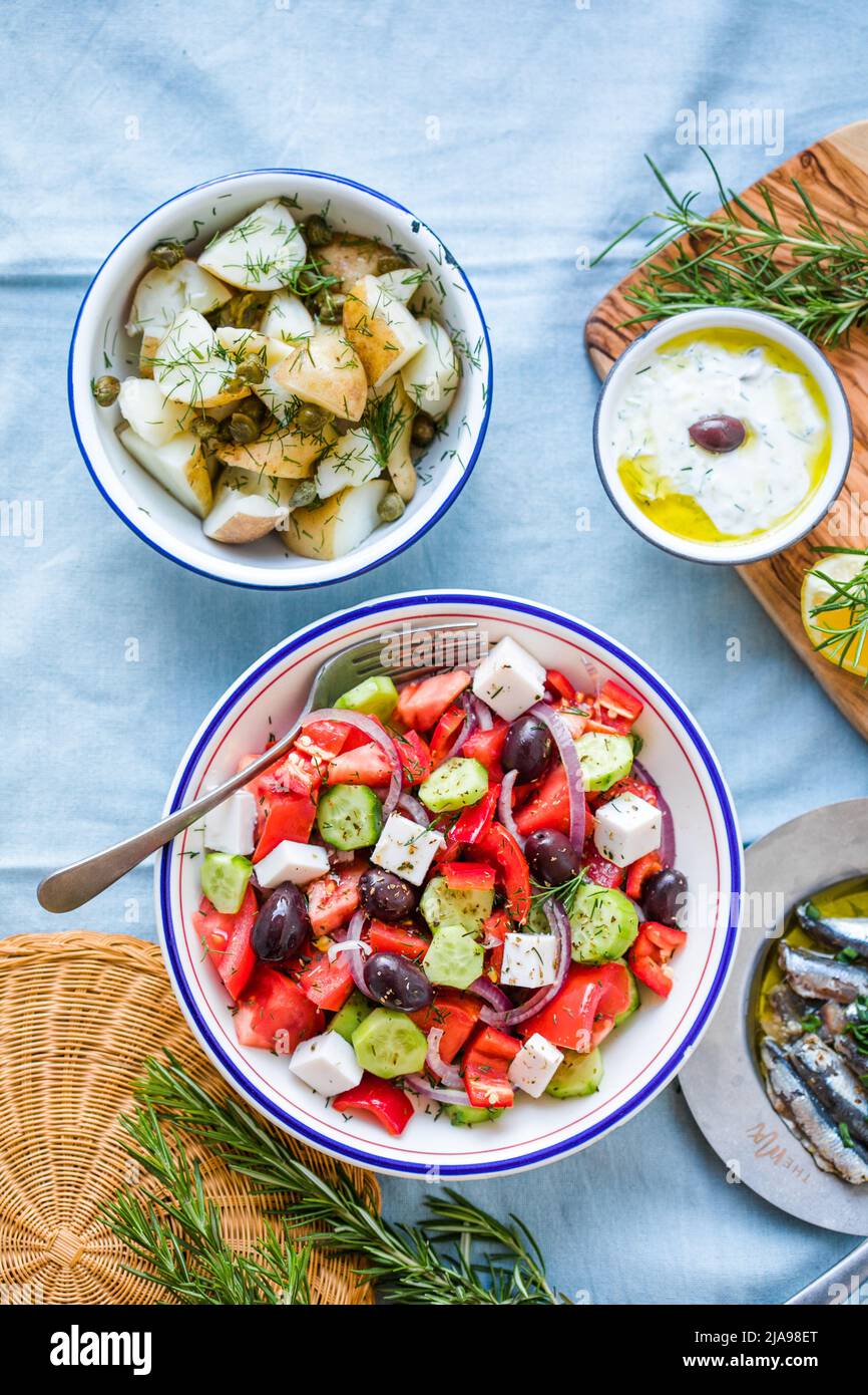 Greek food table scene, top view . Variety of items including greece ...