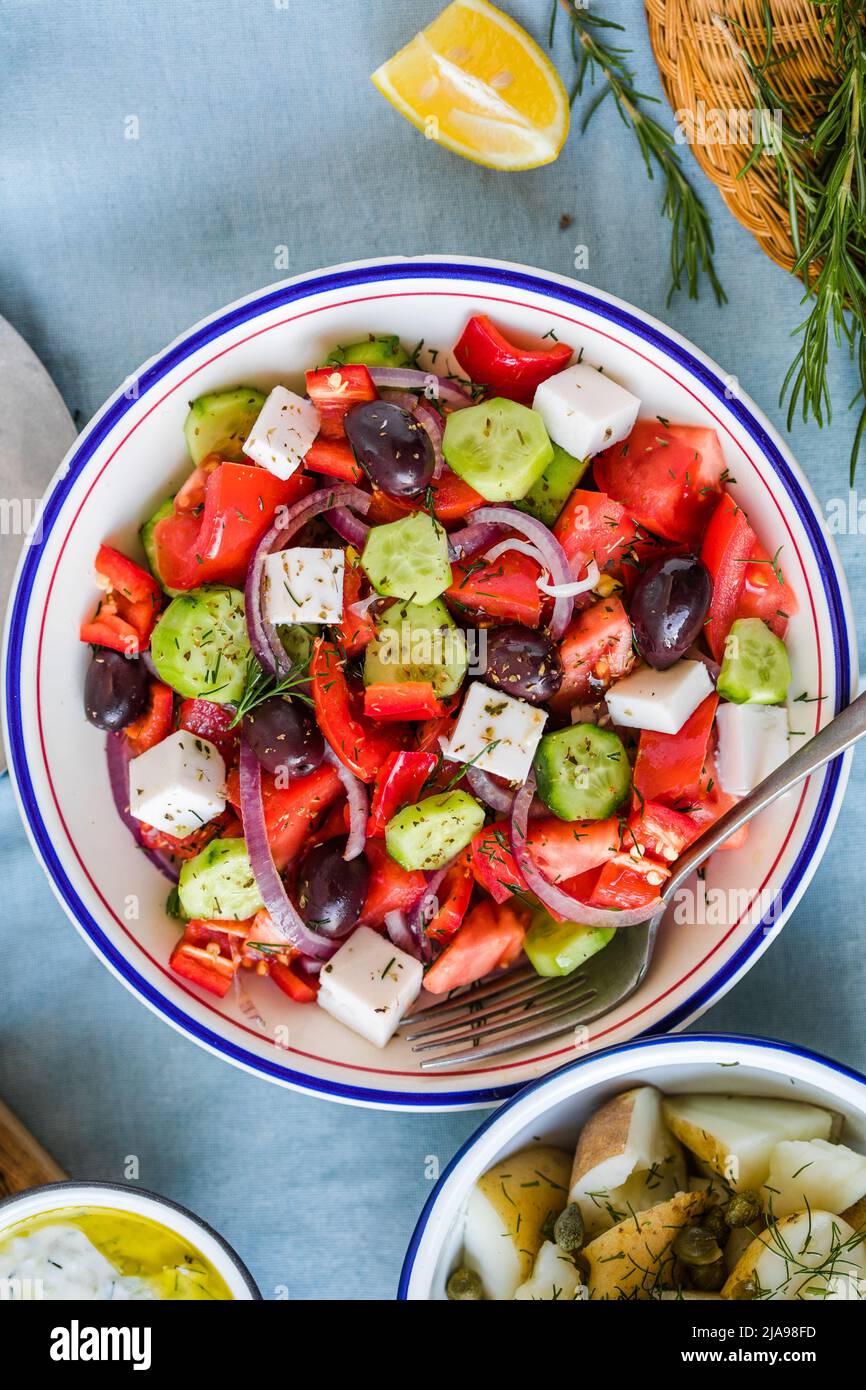 Greek food table scene, top view . Variety of items including greece ...