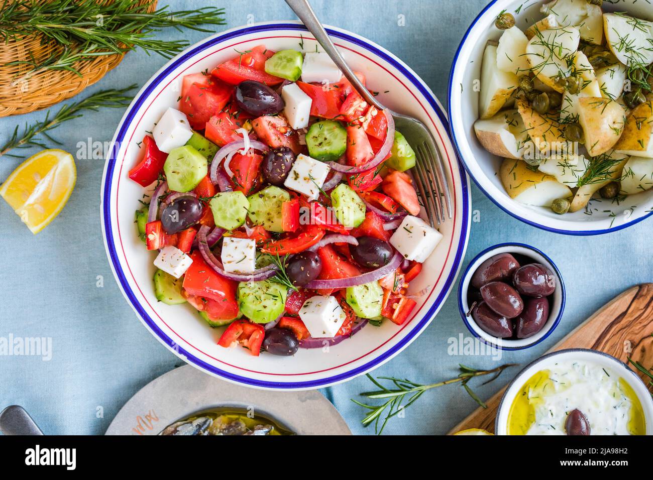 Greek food table scene, top view . Variety of items including greece ...