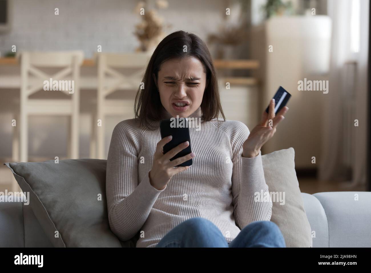 Nervous confused bank customer woman facing problems with online ...