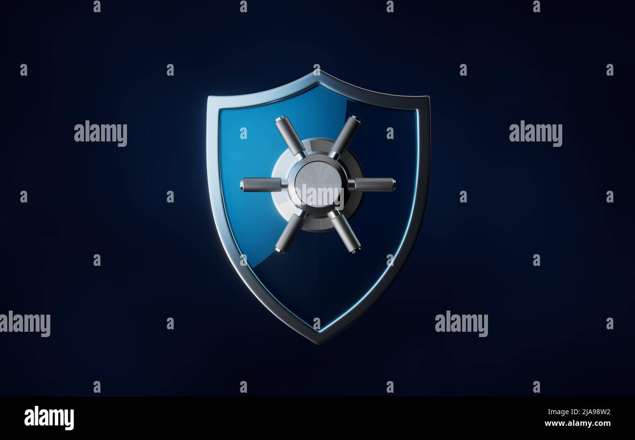 Glossy shield with dark background, 3d rendering. Computer digital ...